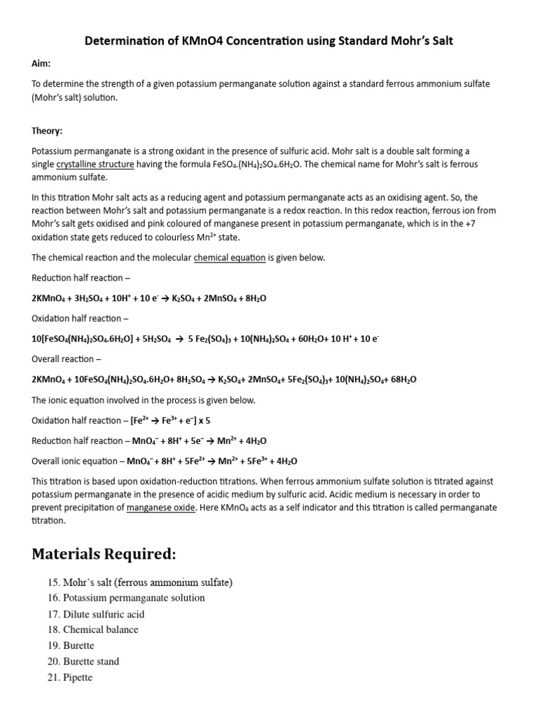 KMnO4 Concentration Determination Guide | PDF | Titration | Chemistry