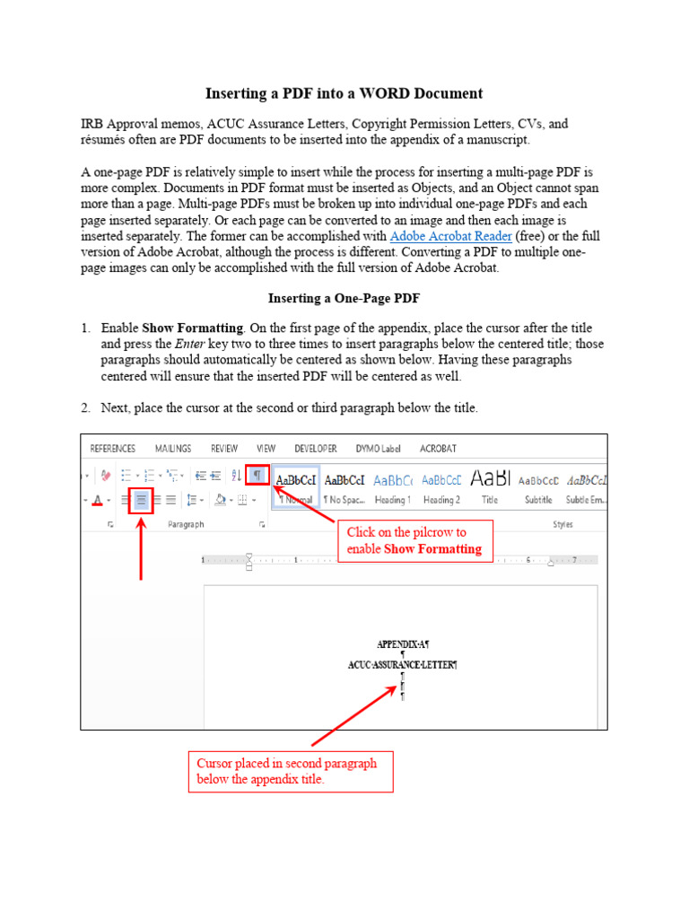 HowTo - Inserting A PDF Into A WORD Doc Via PDF or Image | PDF | Text ...