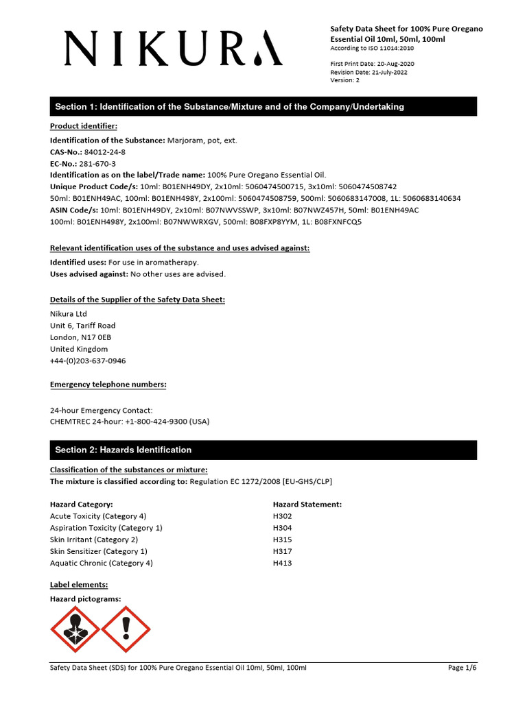 Safety Data Sheet Oregano Essential Oil EO-ORE | PDF | Dangerous Goods | Working Conditions