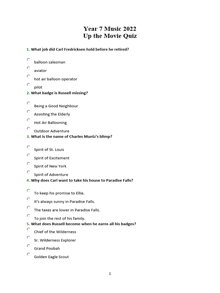 Up MOVIE PG Quiz and Answers | PDF