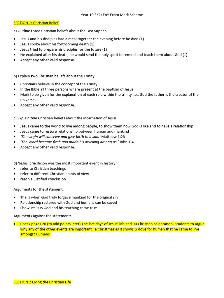 Year 10 EX2 - EOY Exam Mark Scheme | PDF | Prophets And Messengers In Islam | Jesus