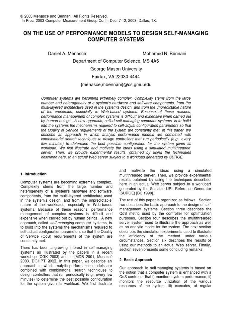 On The Use of Performance Models To Design Self-Managing Computer ... On The Use of Performance Models To Design Self-Managing Computer ...