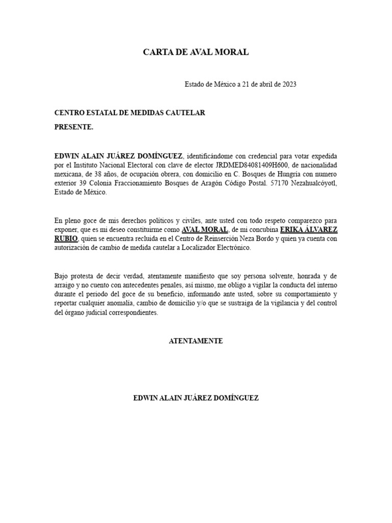 CARTA DE AVAL MORAL | PDF