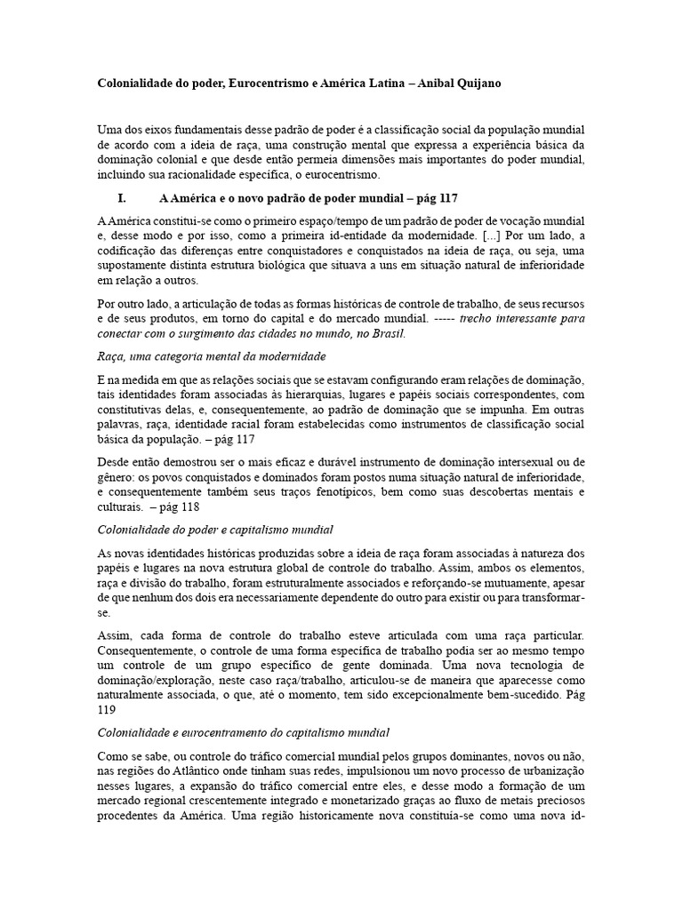 Colonialidade Do Poder - Anibal Quijano - Fichamento | PDF | Sociologia ...