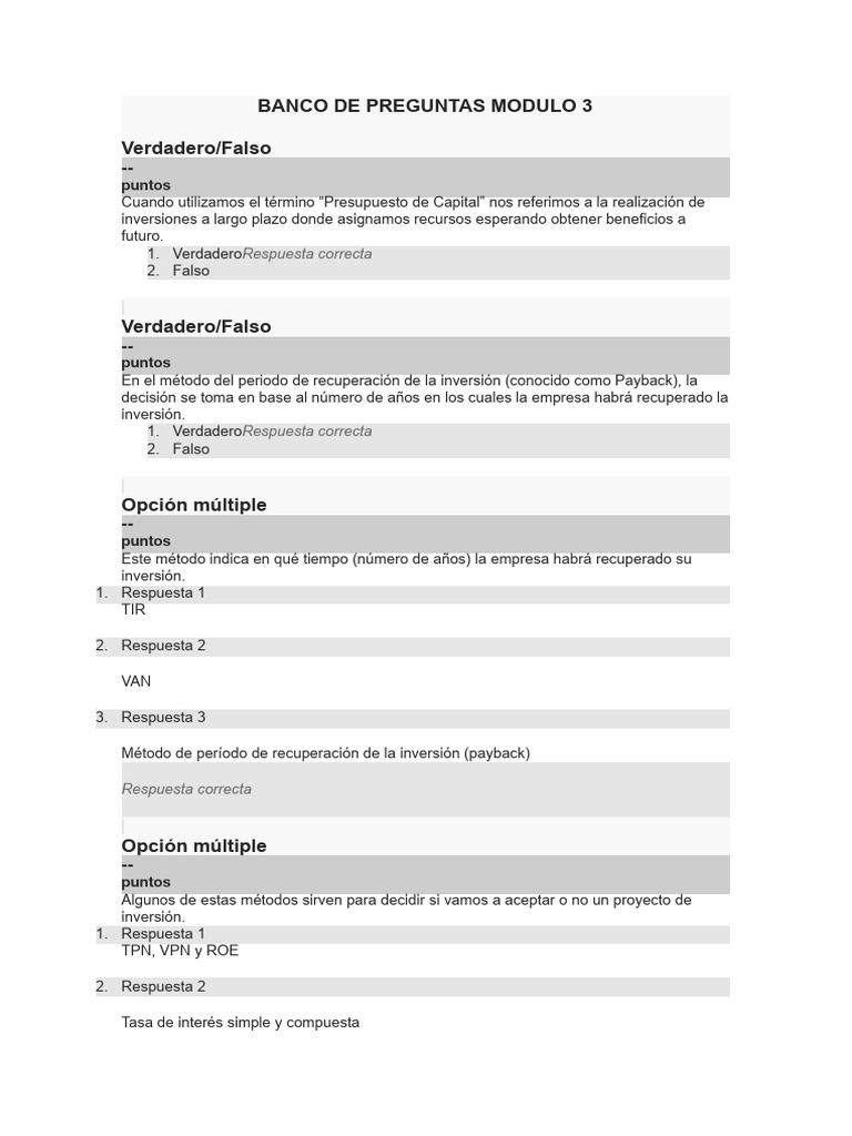 Banco de Preguntas Modulo 3 | PDF | Valor presente neto | Tasa interna de retorno