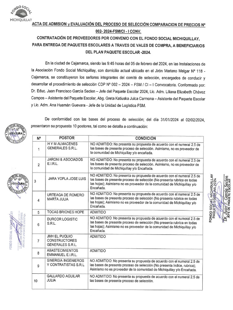 Acta Admision y Evaluacion - CDP #002-2024 - I Conv Proveedores Paquete Escolar.. | PDF