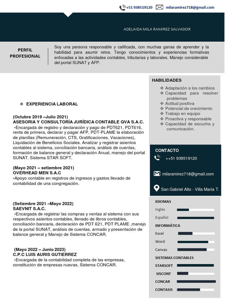 CV Mila Ramirez Salvador | Descargar gratis PDF | Contabilidad | Industrias de servicio