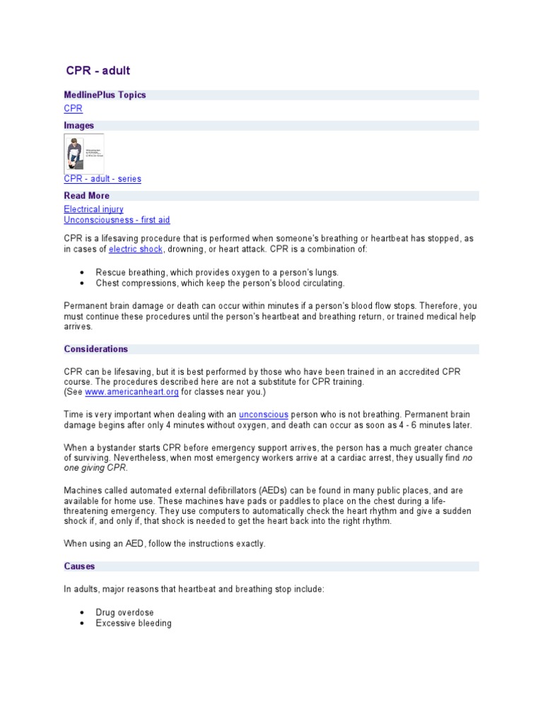 CPR - Adult: Medlineplus Topics | PDF | Cardiopulmonary Resuscitation ...