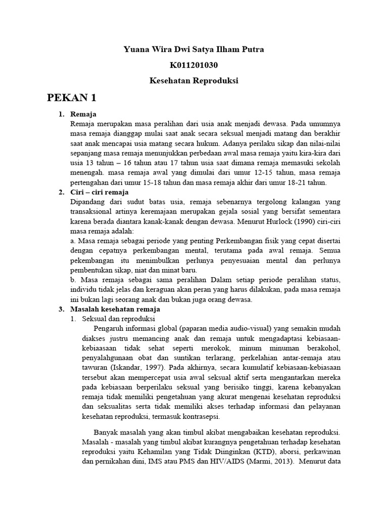 03 - Yuana Wira Dwi Satya Ilham Putra - Resume Kesehatan Reproduksi Remaja | PDF | Pengembangan Diri