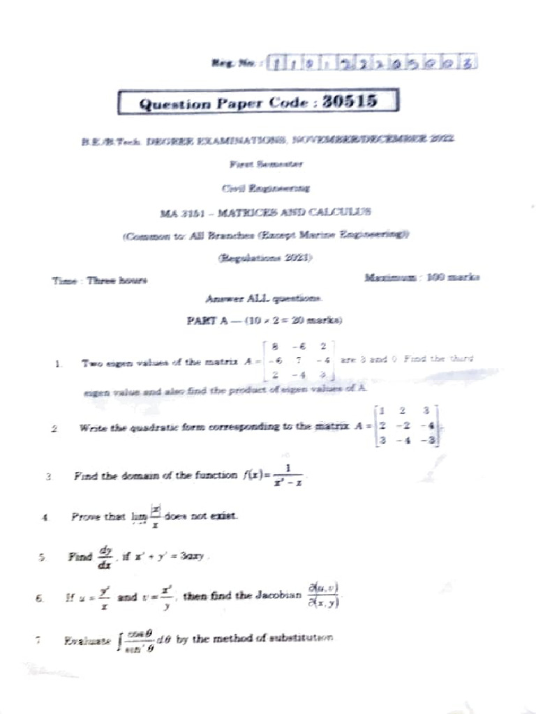 Engineering Maths 1 April 2023 | PDF | Matrix (Mathematics) | Geometry