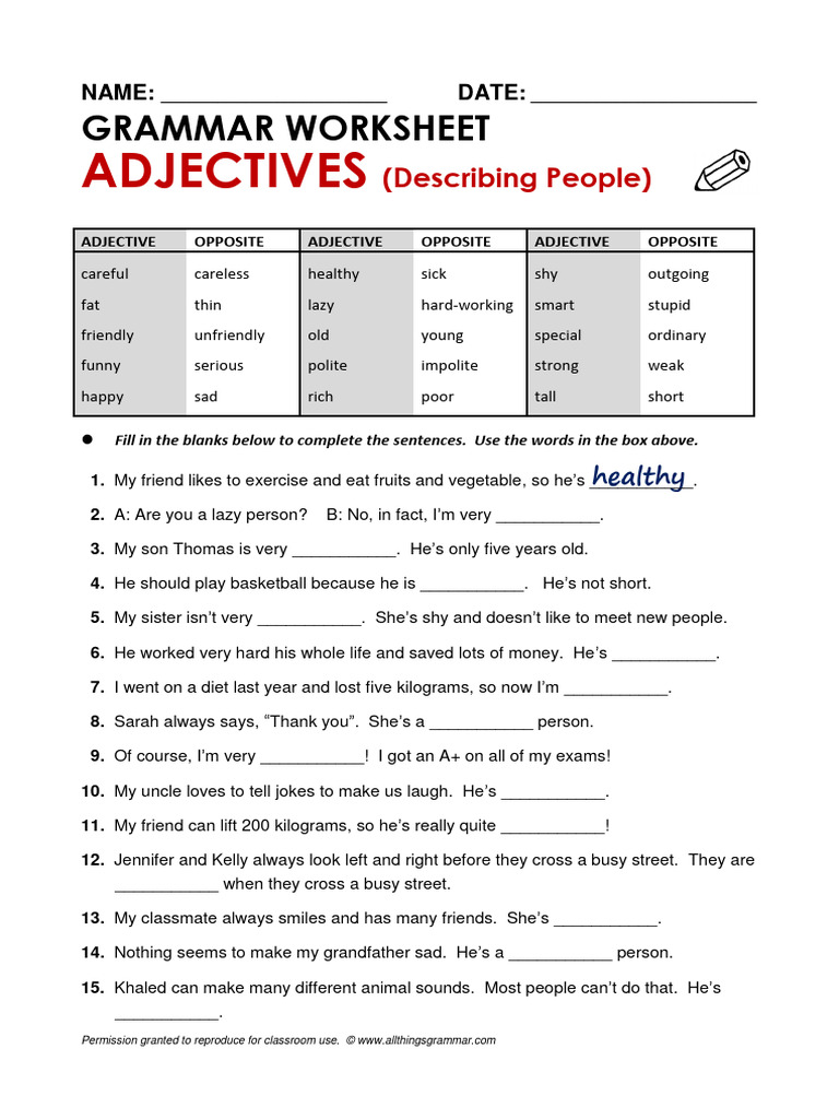 GRAMMAR WORKSHEET ADJECTIVES (Describing People) | PDF