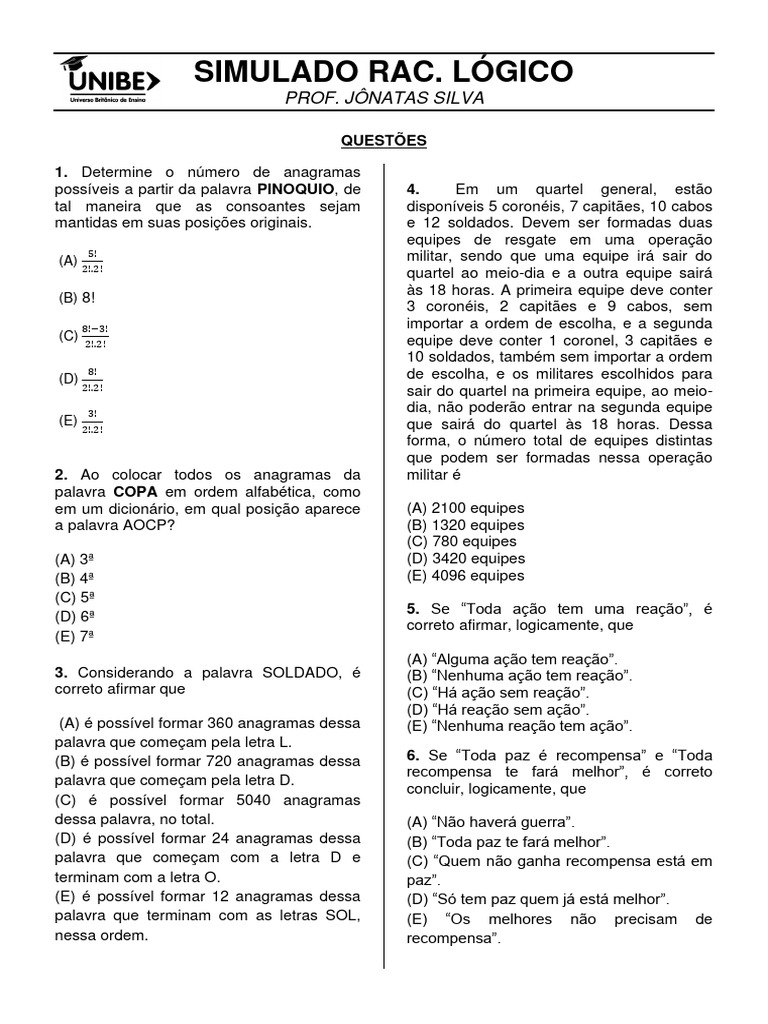 Simulado - RLM | PDF | Lógica
