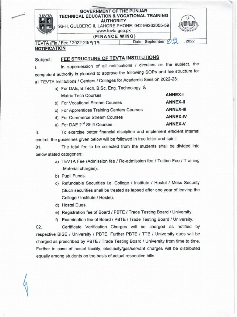 TEVTA Fee Structure For The Year 2022-23 | PDF