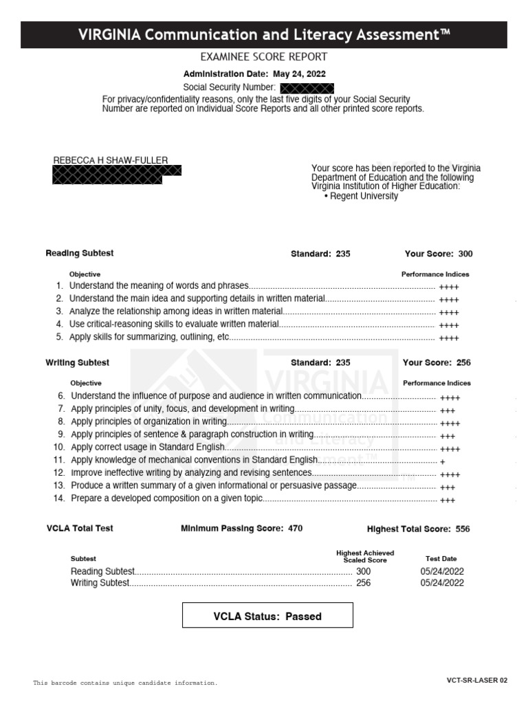 Vcla Scores SF | PDF | Multiple Choice | Learning