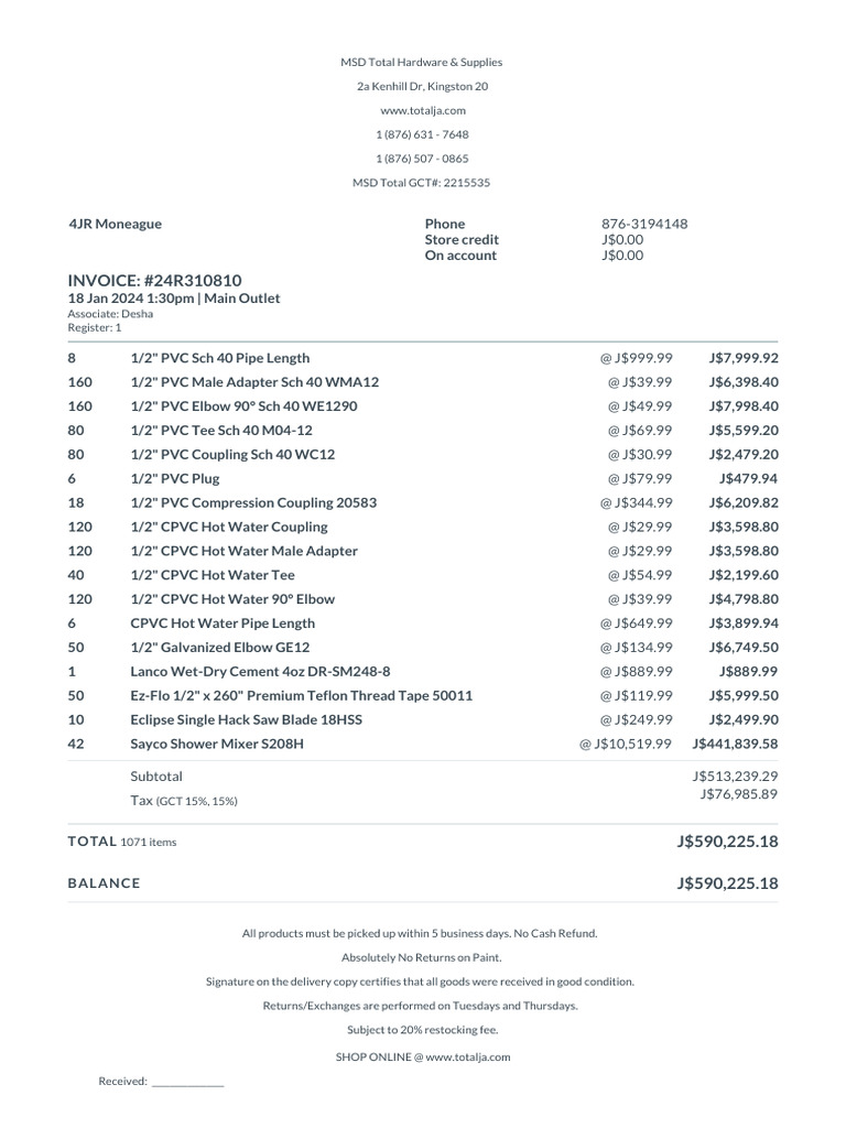 Receipt | PDF | Pipe (Fluid Conveyance) | Home Appliance