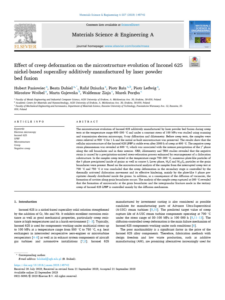 Creep Effects on Inconel 625 Microstructure | PDF | Creep (Deformation ...