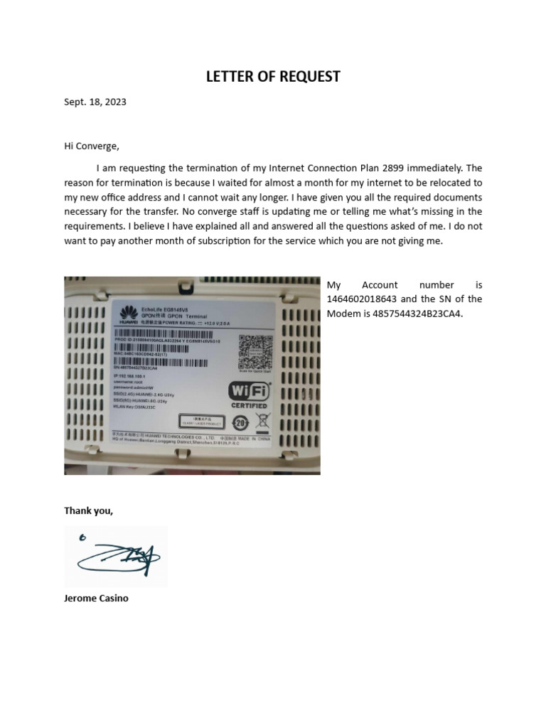 Letter of Request - Converge Disconnection | PDF