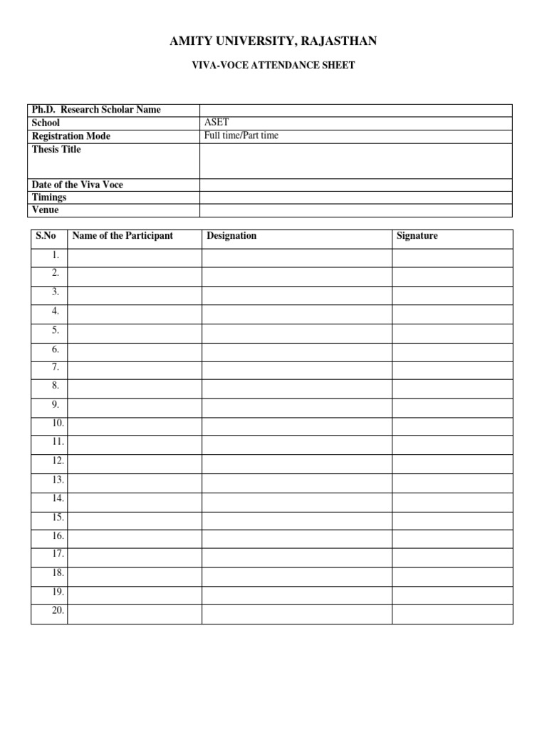 Viva Voice Examination Attendance Sheet | PDF | Science & Mathematics