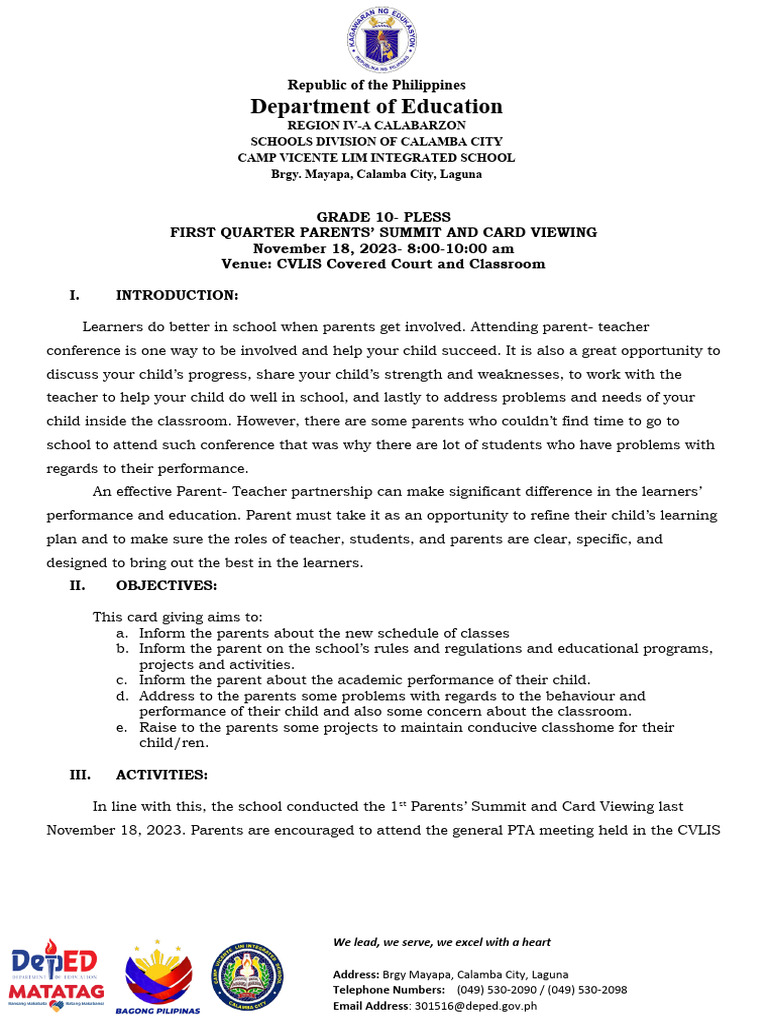 PTA Narrative Report 1st Quarter | PDF | Behavior Modification | Learning