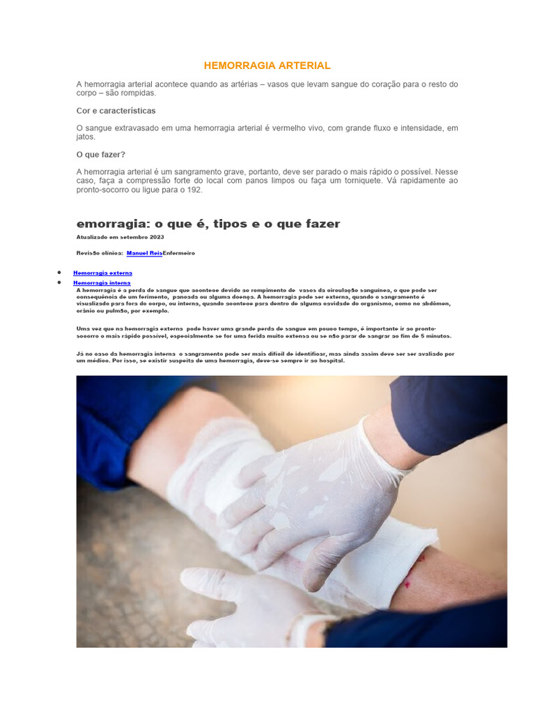 HEMORRAGIA ARTERIAL | PDF | Artéria | Sangramento