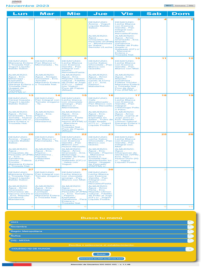 Lun Lun Mar Mar Mie Mie Jue Jue Vie Vie Sab Sab Dom Dom: Noviembre 2023 | PDF | Alimentos | Cocina