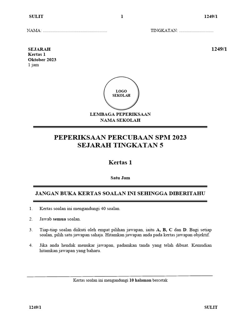 1.2023 k1 Soalan Sej (Trial Sabah) | PDF