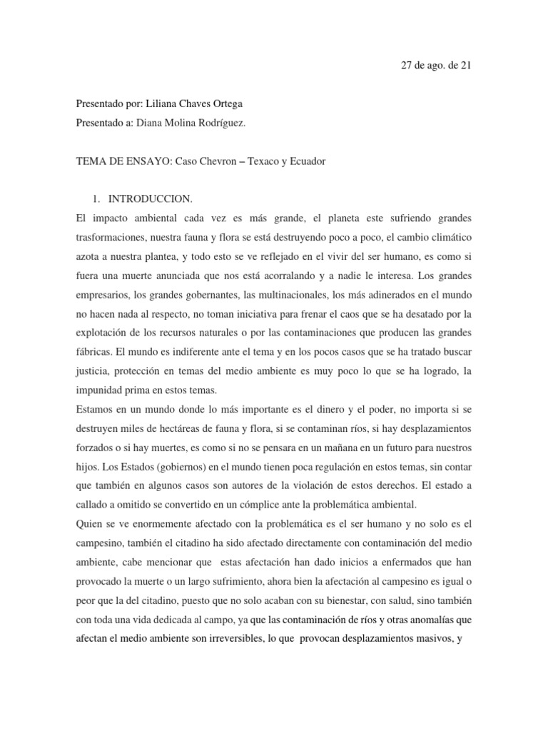 Ensayo - Caso Chevron Texaco y Ecuador | PDF | Ecuador | Contaminación