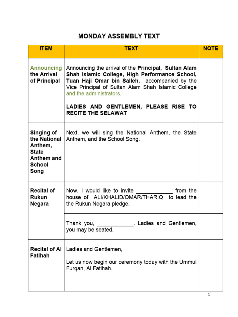 Monday Morning Assembly Script-3 | PDF | Quran | Islam
