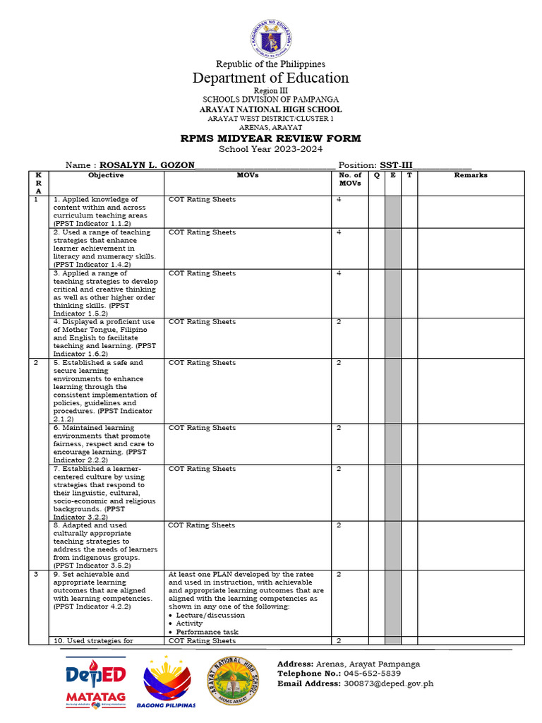 Midyear Review Form | PDF | Learning | Educational Assessment