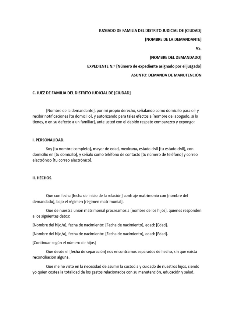 Demanda de Manutención de Hijos | PDF | Demanda judicial | Pensión ...
