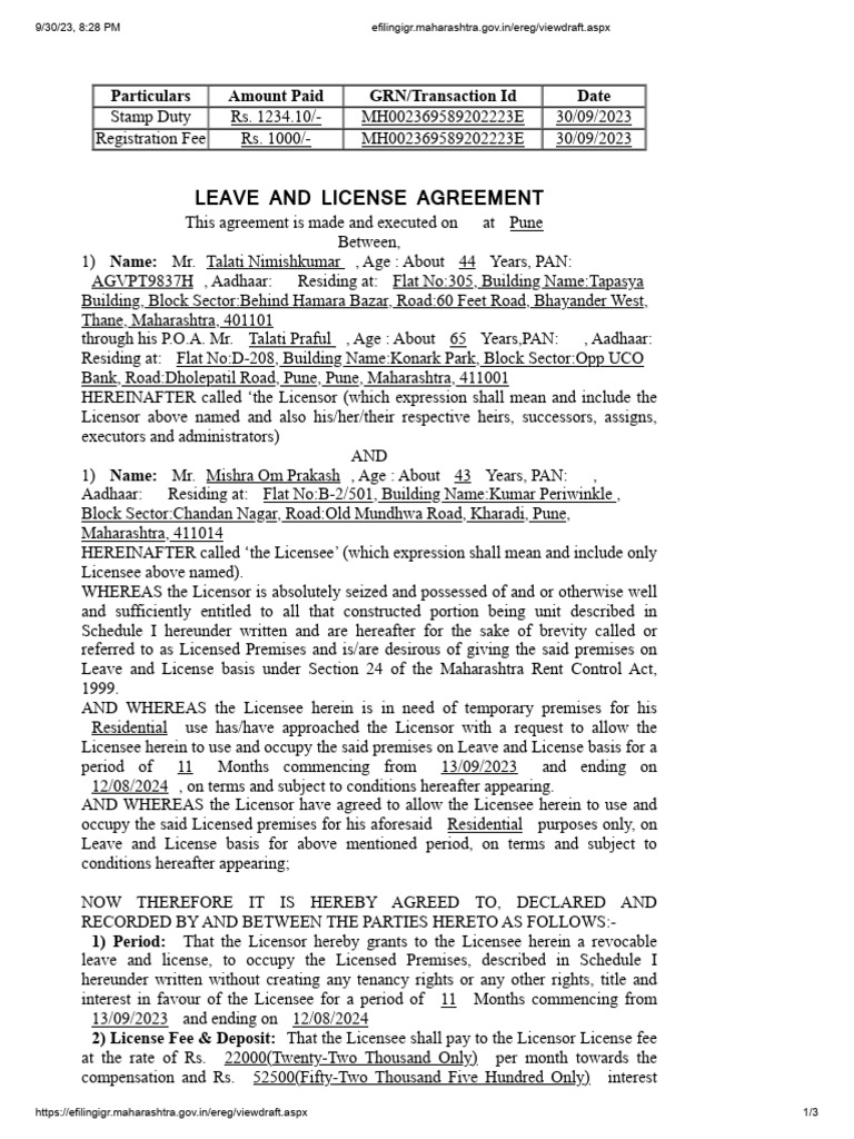 Leave and License Agreement: Particulars Amount Paid GRN/Transaction Id ...