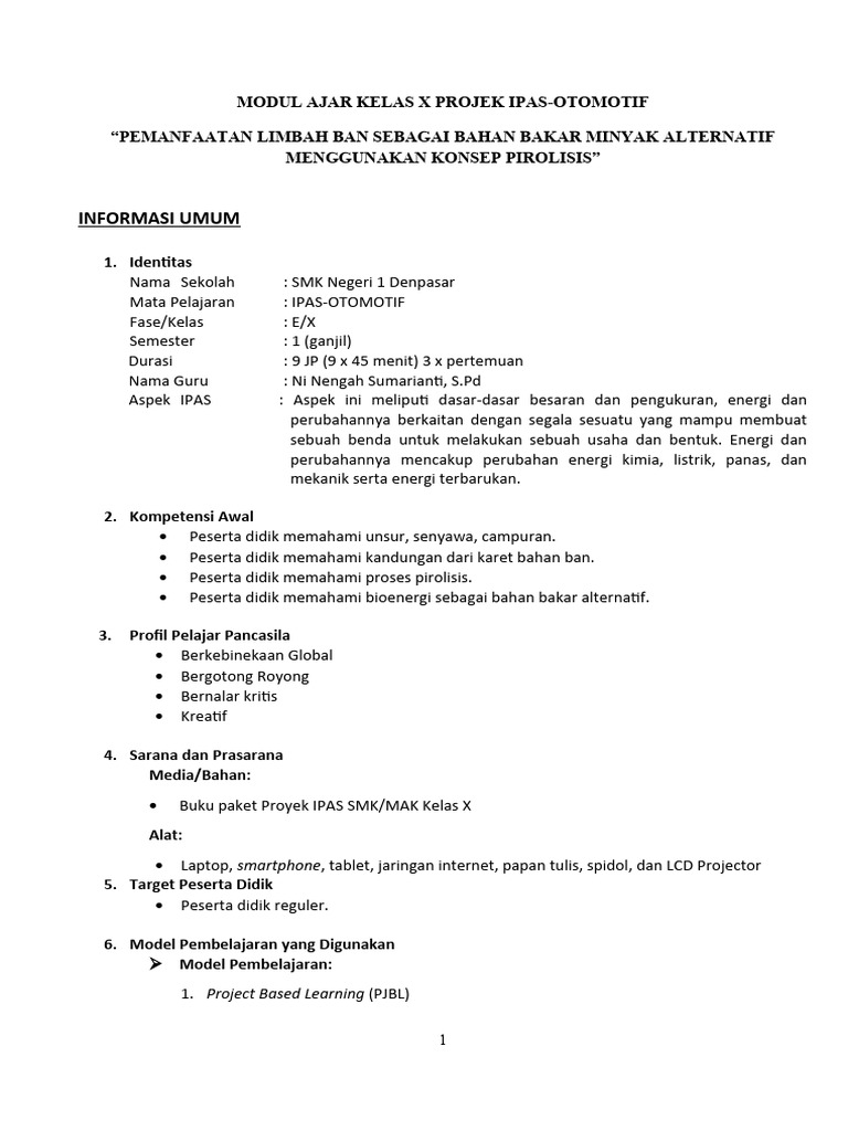 Modul Ajar Projek Ipas-Otomotif | PDF