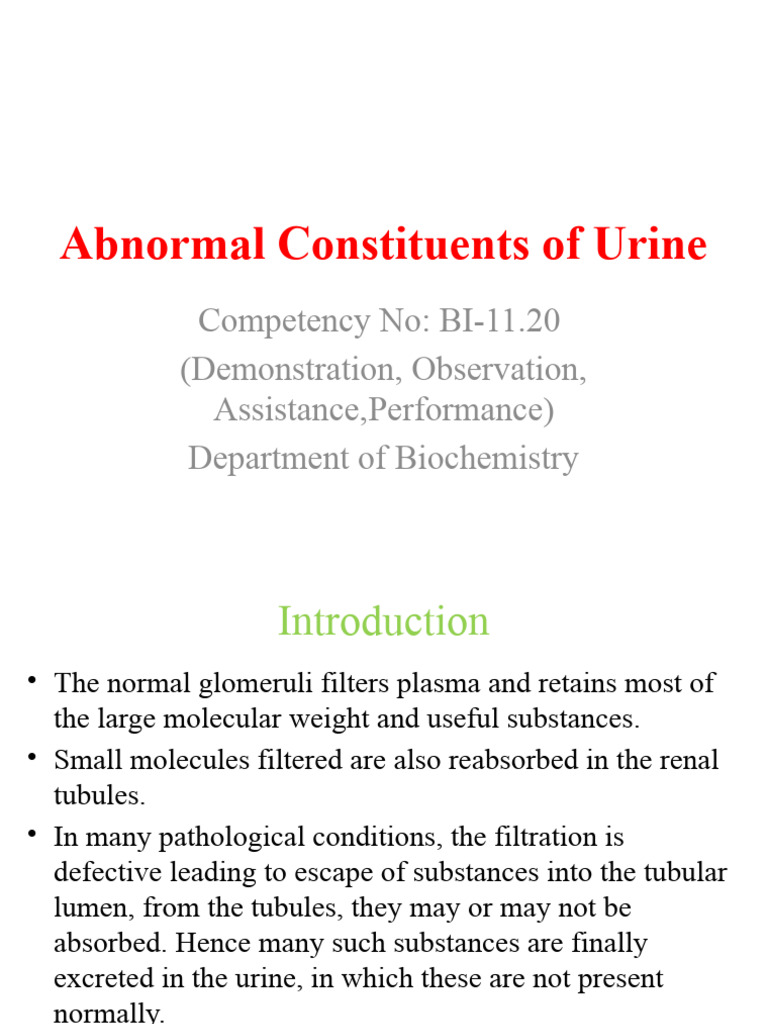 Abnormal Constituents of Urine Interpretation Practical | PDF | Urine ...