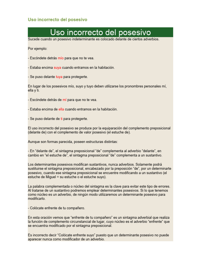 Uso incorrecto del posesivo en adverbios | PDF