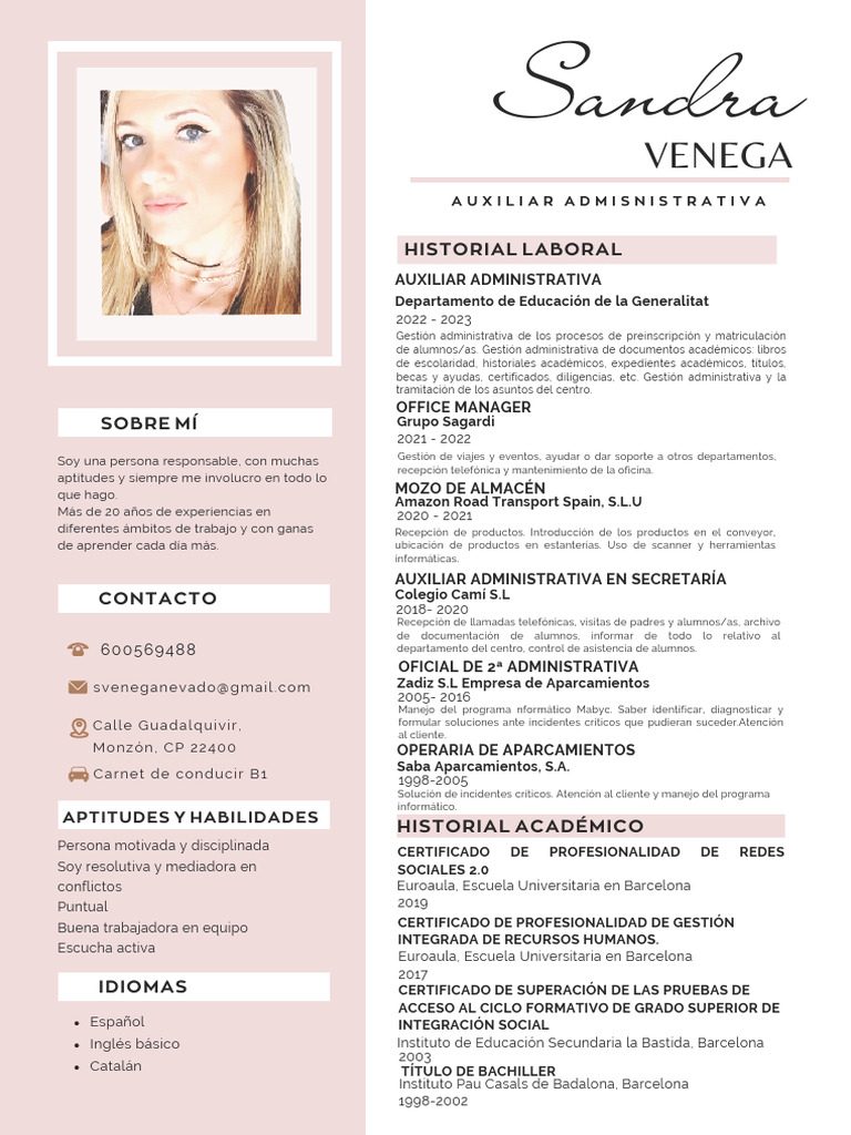 CV de Sandra: Auxiliar Administrativa | PDF