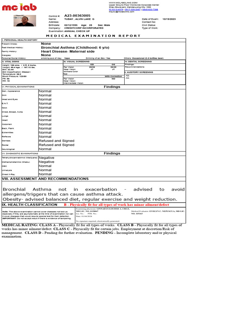 Annual Medical Examination Report for Alvin Tubay | PDF | Physical ...