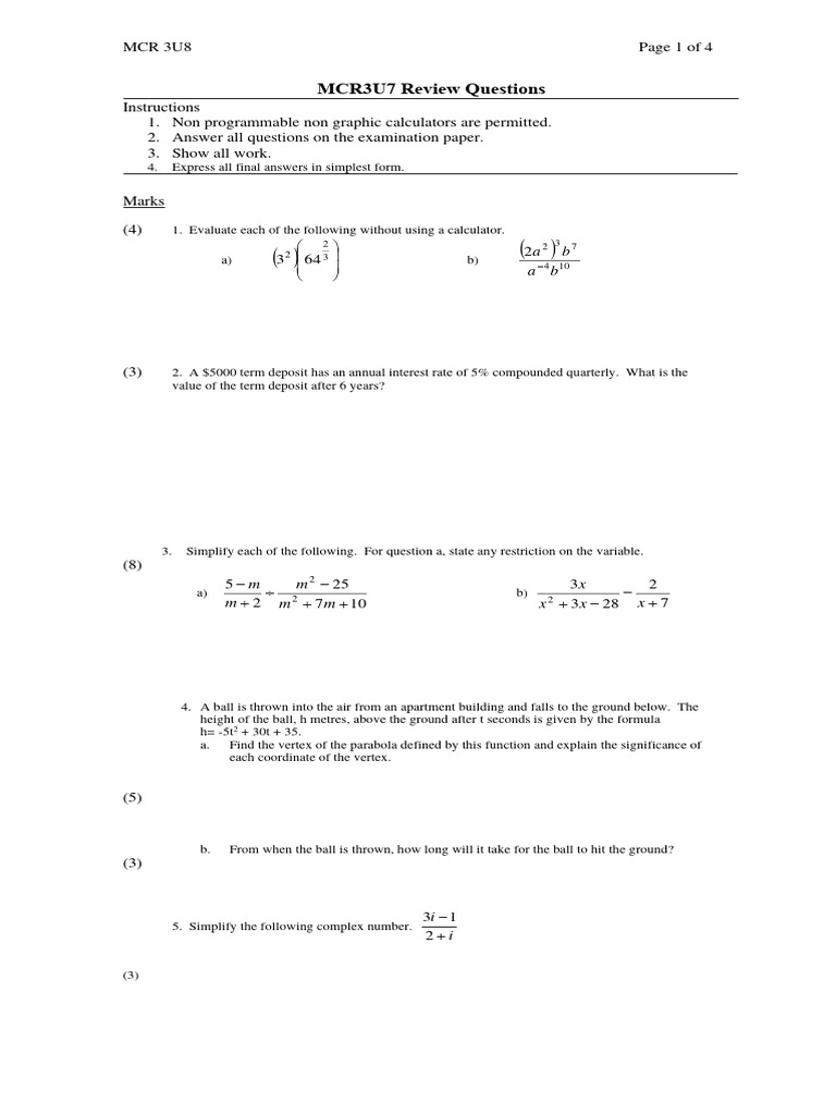 MCR 3U8 Math Exam Review Questions | PDF | Logarithm | Function ...