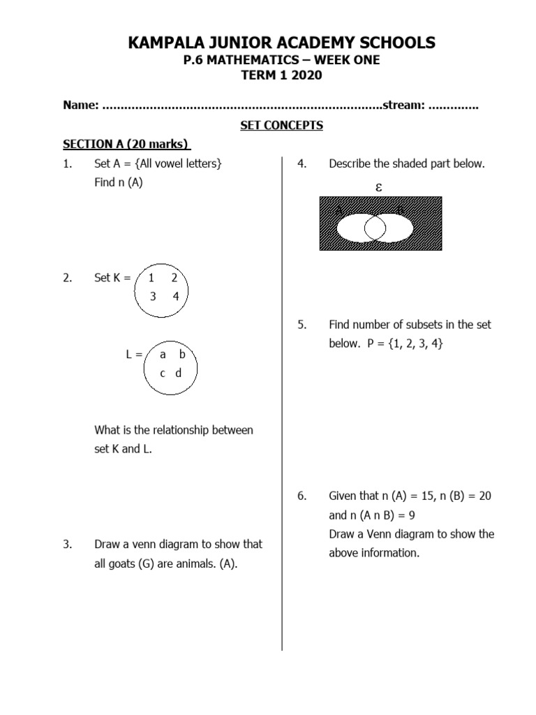 P.6 Mathematics Questions Term 1 Kampala Junior Academy Schools | PDF ...