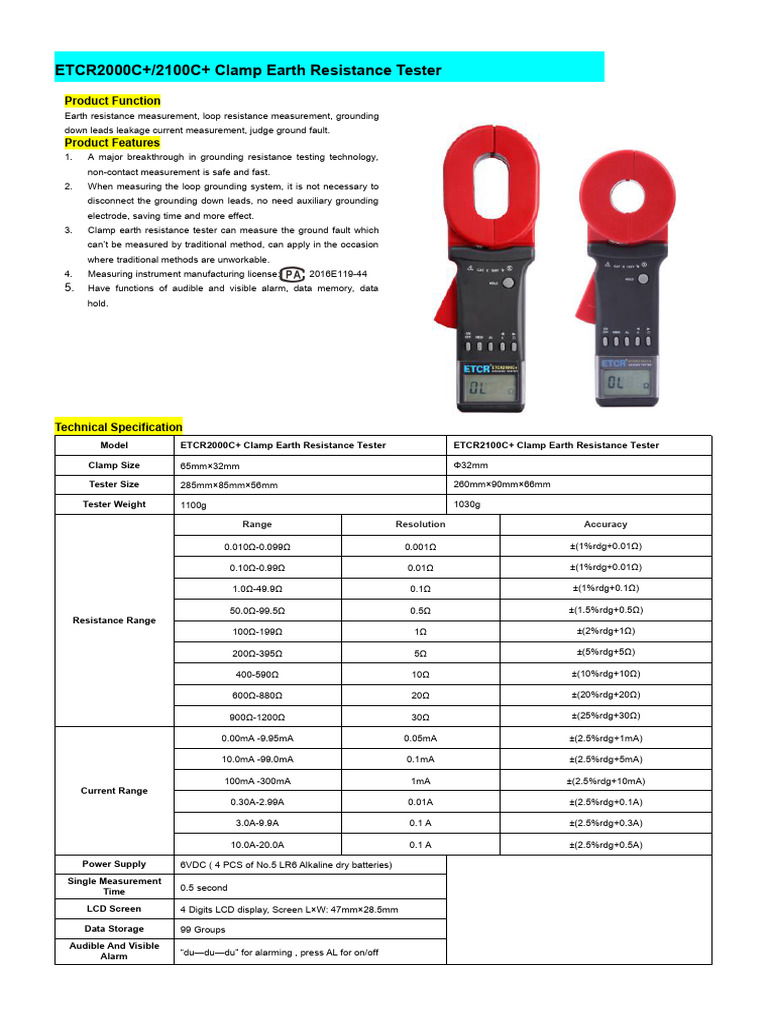 ETCR-2000C+ Earth Resistance Meter | PDF | Physical Sciences | Electronics