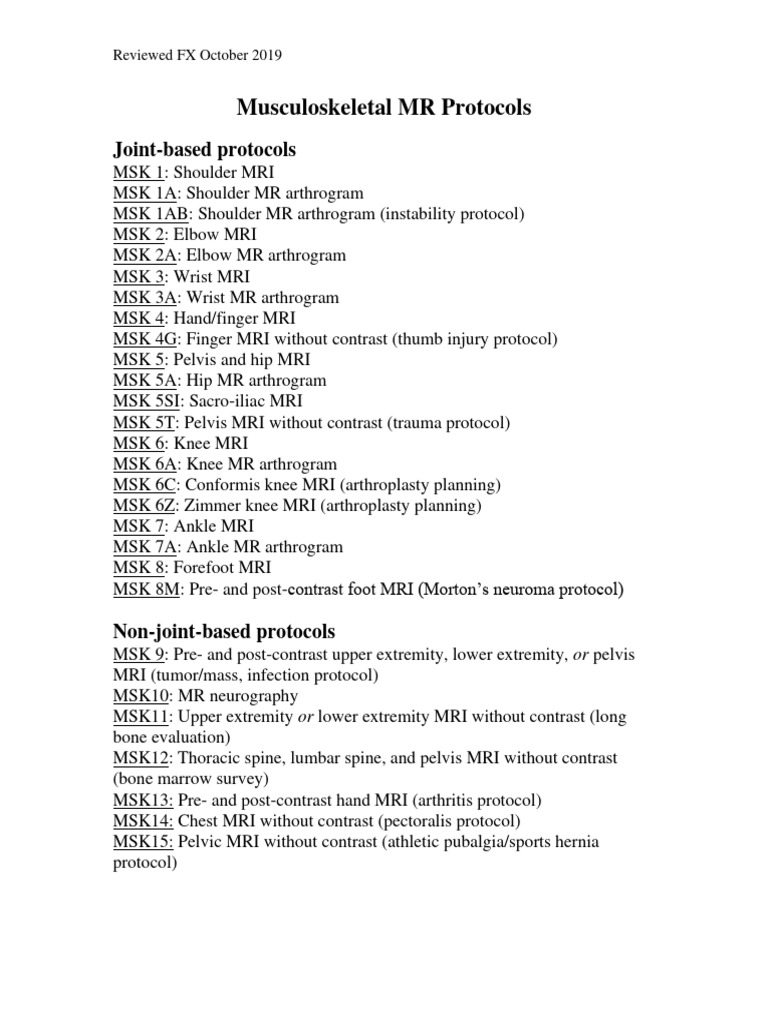 Protocols MSK MRI 10.2019 | PDF | Shoulder | Hip
