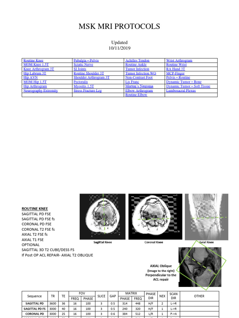 MSK MRI Protocol | Download Free PDF | Shoulder | Knee