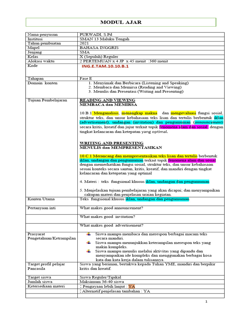 Modul Ajar X - Announcement | PDF