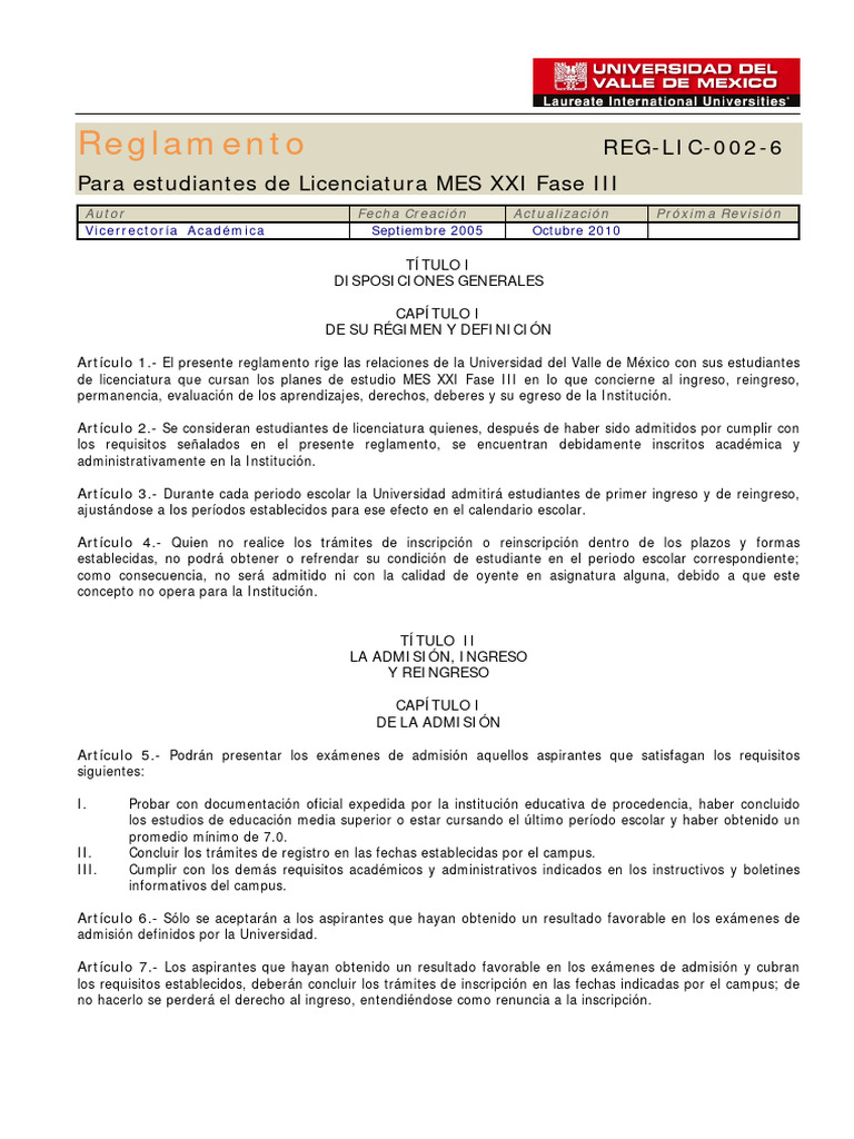 Reglamento UVM: Admisión y Reingreso | PDF | Evaluación | Plan de estudios