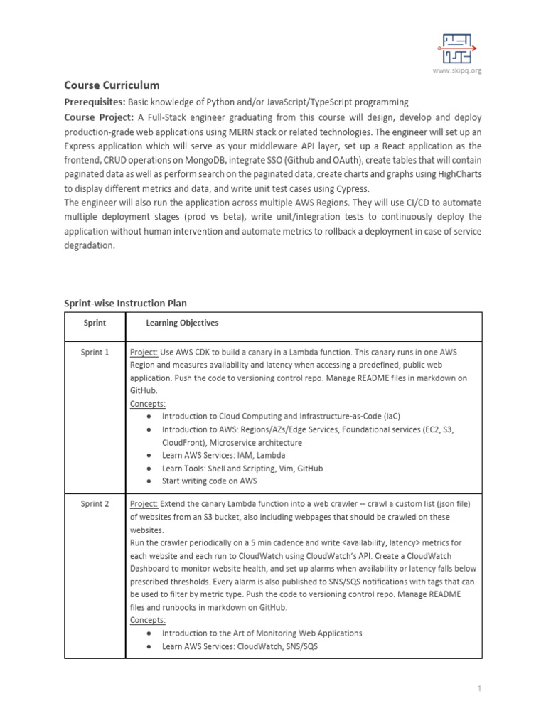 SkipQ Full Stack Training - Week-By-Week Curriculum | PDF | Amazon Web Services | Web Application