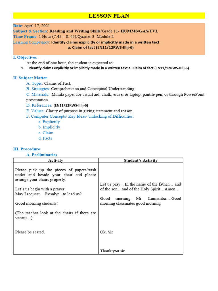 Detailed Lesson Plan | PDF | Argument | Cognition
