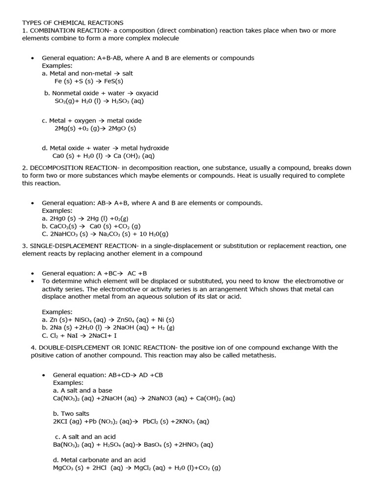 Overview of Chemical Reaction Types | PDF | Chemical Compounds ...