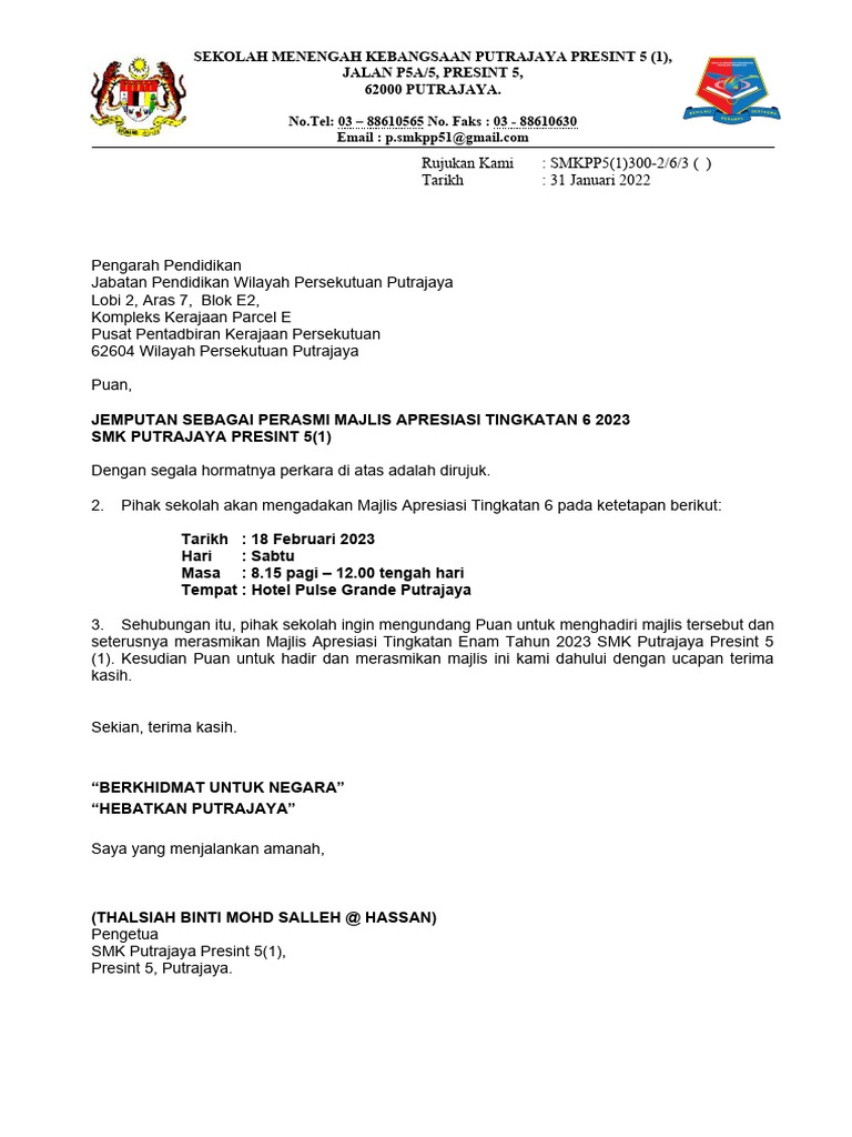 Surat Jemputan Perasmi Majlis Apresiasi t6 2023 | PDF