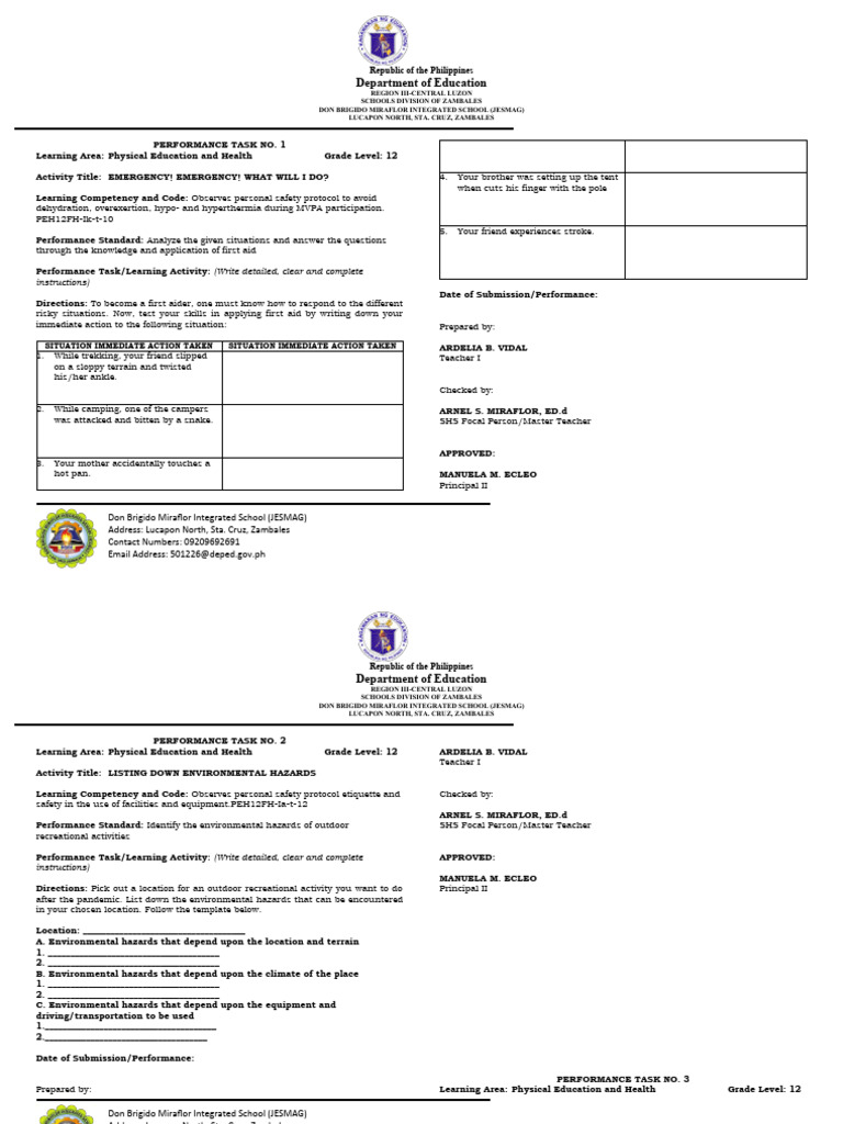 Performance Task PE 1 | PDF | First Aid