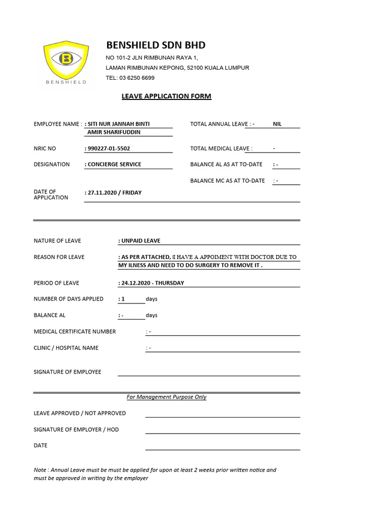 Leave Application Form for Medical Leave | PDF