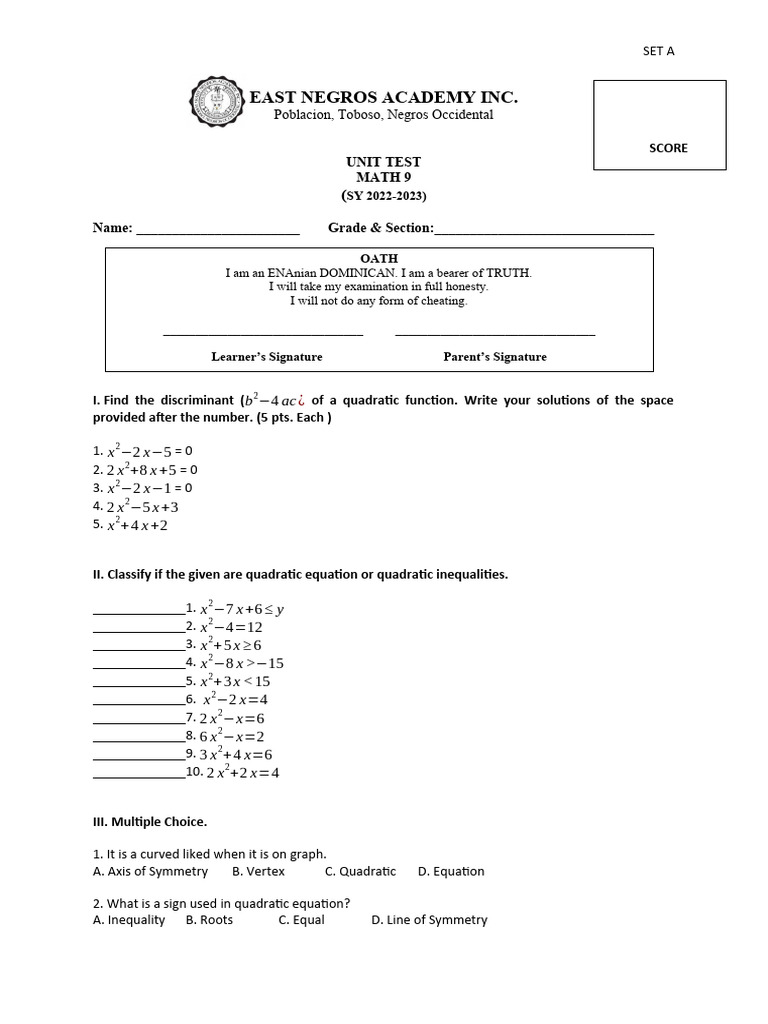 Math 9 Unit-Test - Set A | PDF | Quadratic Equation | Discrete Mathematics Math 9 Unit-Test - Set A | PDF | Quadratic Equation | Discrete Mathematics